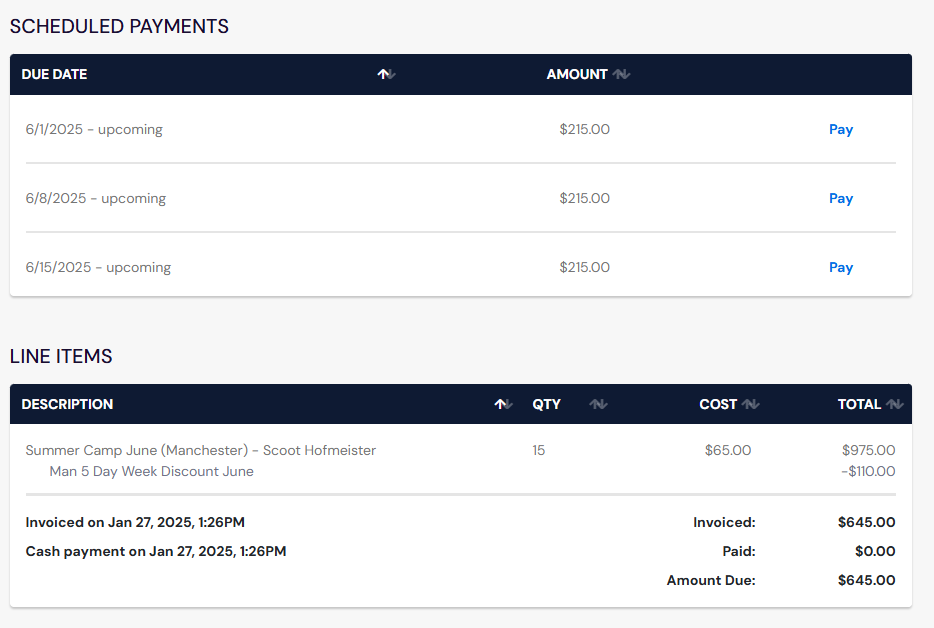 Camp Invoices & Payment Plans – Vetta Sports